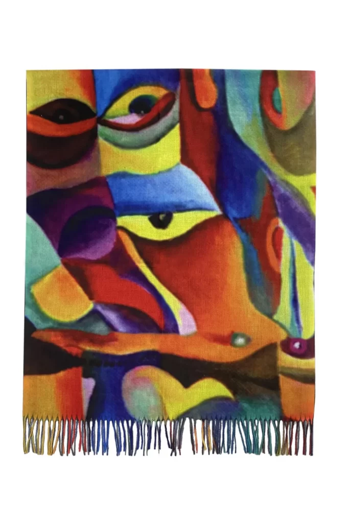 Art Impressionist Bright Abstract Face Print Wool Tassel Scarf - Multi ...